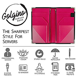 Golgino Server Book for Waitress & Waiter 9 x 5 Inch, Two Zipper Pockets & ID Holder, Premium Receipt Organizer Wallet Fits Aprons, 11 Money Pockets Perfect for Server Banking (Black/Magenta)