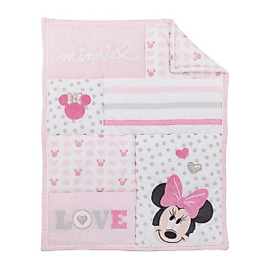 Disney Minnie Mouse Love to Love 3 Piece Nursery Crib Bedding Set, Pink/Grey/White/Rosegold
