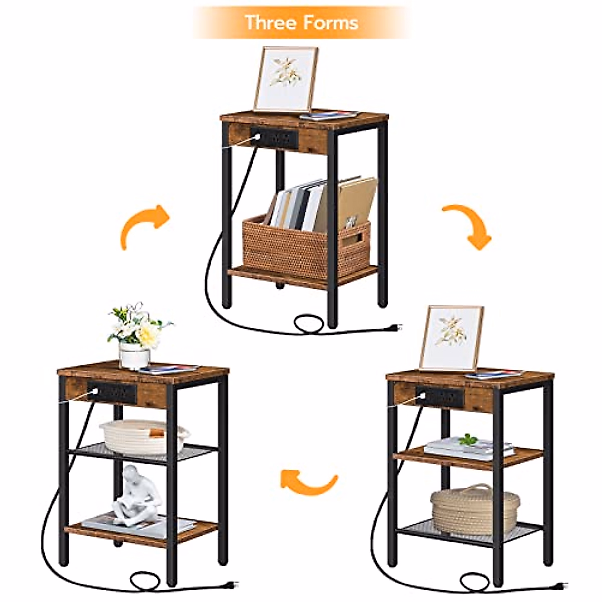 HOOBRO End Table with Charging Station and USB Ports, 3-Tier Nightstand with Adjustable Shelf, Narrow Side Table for Small Space in Living Room, Bedroom and Balcony, Rustic Brown BF112BZ01