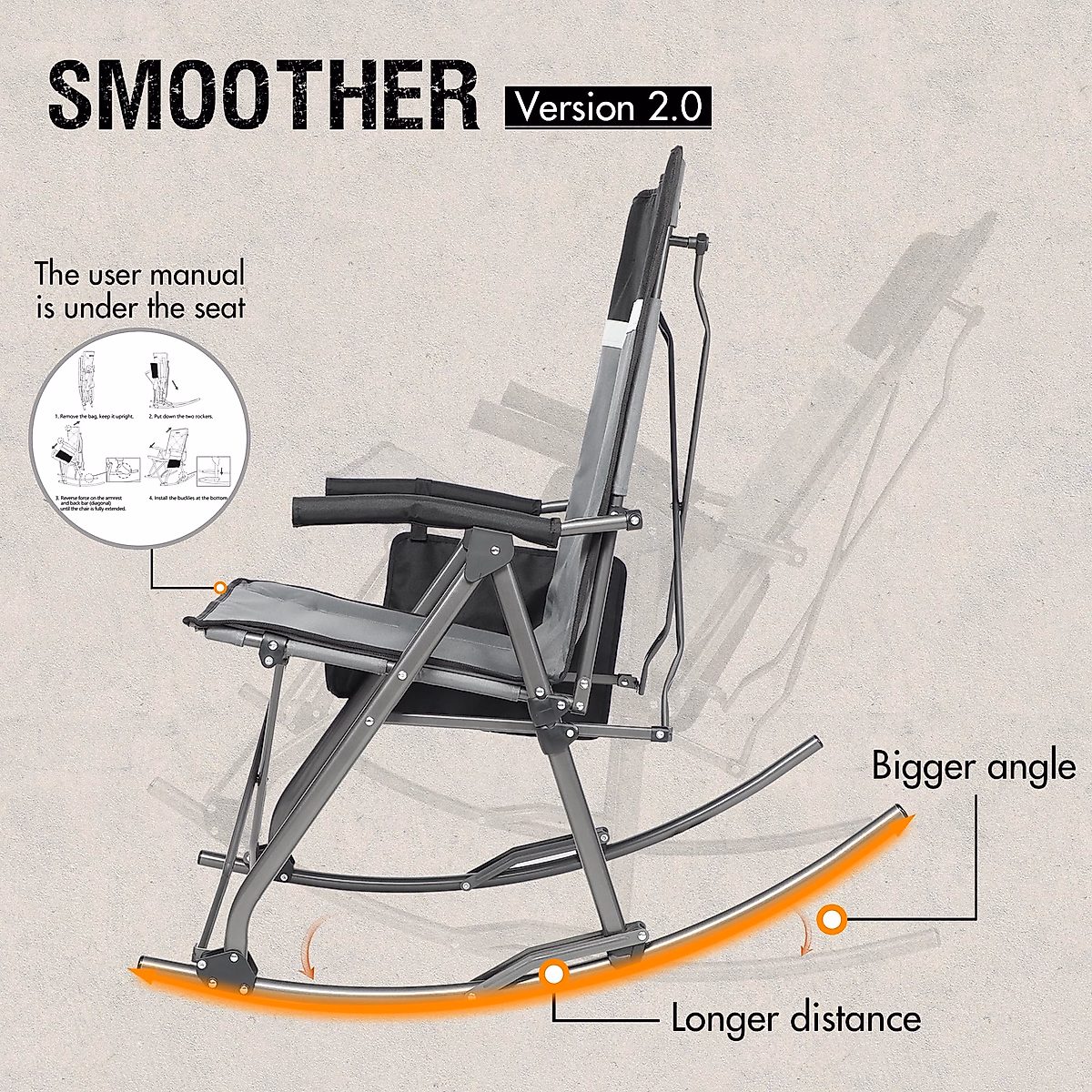PORTAL Oversized Folding Rocking Camping Chair Portable Outdoor Rocker with High Back Hard Armrests Carry Bag, Supports 300 lbs, Padded Back, Grey