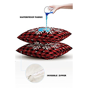 Outdoor Waterproof Throw Pillow Covers Set of 2,Christmas Snowflake Plaid Red Outdoor Pillow Covers Decorative Cushion Covers for Patio Funiture Garden,18 x 18 Inches,Winter Rustic Buffalo Checkered