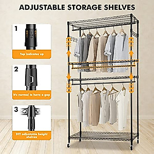 DEVO 3 Tiers Garment Racks with Storage Shelves, Heavy Duty Rolling Clothing Rack Closet Organizer, Portable Clothes Rack for hanging clothes W/Hanger Bar & Wheels & 1 Pair Side Hooks, Max Load 450LBS