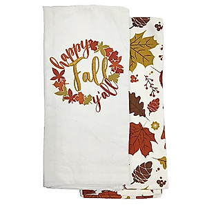 Mainstream Fall Kitchen Towels, Set of 2, Happy Fall Y all with Tossed Leaf Acorn Print Cotton Dual-Sided Terry Dishtowels Drying Cloth 16*26 inches White, Rust, Gold, Tan, Brown
