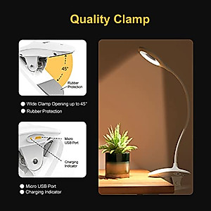 KLEAH Clip on Light for Bed & Desk, Reading in Bed, Dorm, Flexible Gooseneck, Battery Operated Rechargeable Clamp Lamp for Headboard, Eye-Caring LED Light with 3 Brightness Modes