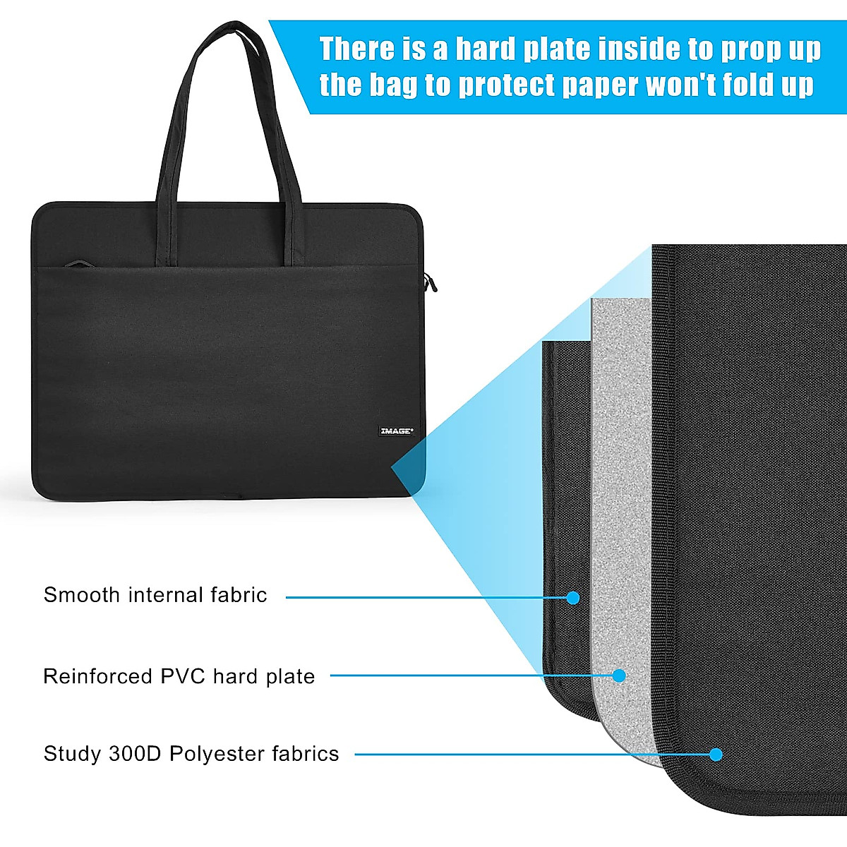 Art Portfolio Bag, IMAGE 23.6 in *17.7 in *3.14 in Black Art Carrying Storage Case, Waterproof Drawing board Bag with Shoulder Strap and Hidden Buckle for Artwork, Sketching and Drawing