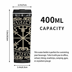 WONDERTIFY Viking Coffee Cup Magical Runic Compass Vegvisir Norse Runes Dragons Coffee Mug Stainless Steel Bottle Double Walled Thermo Travel Water Metal Canteen Black