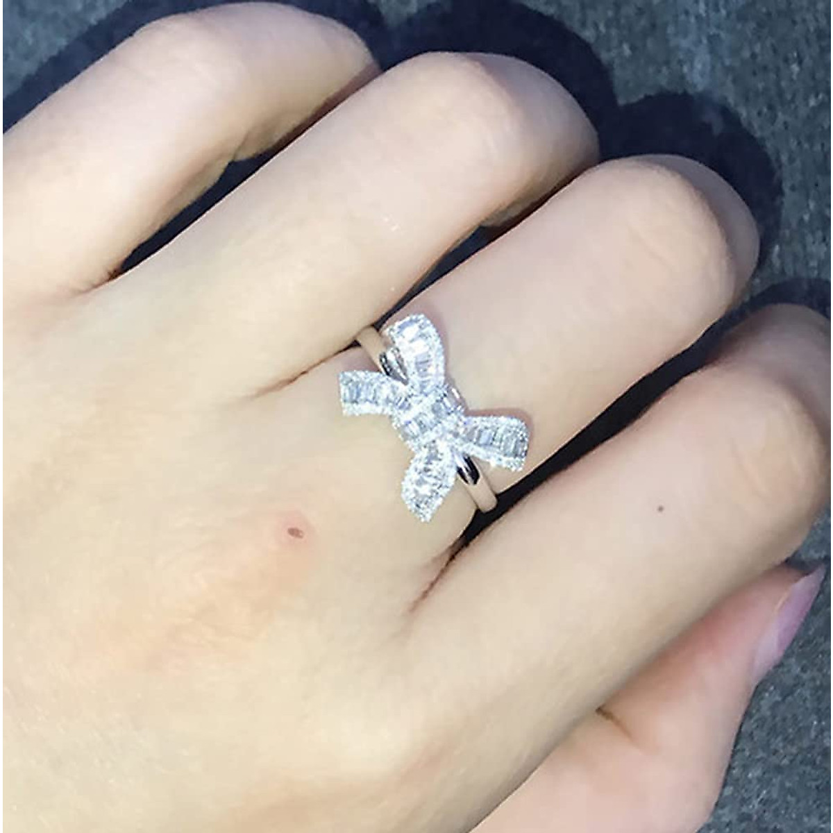 Cutesmile 18k Platinum Plated Shiny Cubic Zirconia Crystal Bow-Knot Engagement Wedding Ring (10)