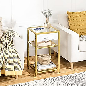 HOOBRO Side Table with Charging Station, 3-Tier Slim Nightstand with Storage Shelves, End Table with USB Ports & Power Outlets, Tempered Glass, Modern Style, for Living Room, Bedroom, Gold GD77UBZ01