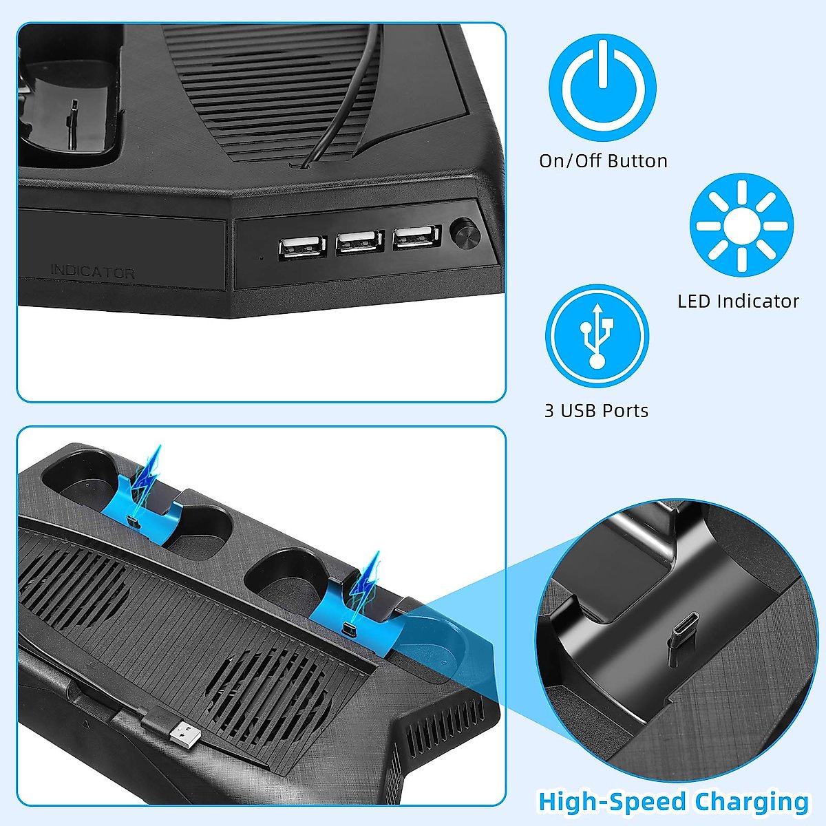 Yerliker Multi-Function Vertical Stand with Cooling Fan Compatible with PS5 Console and PS5 Digital Edition, with Game Holder Dual Controller Charger 3-Ports USB Hub and 14 Game Card Slot Organizers [video game]