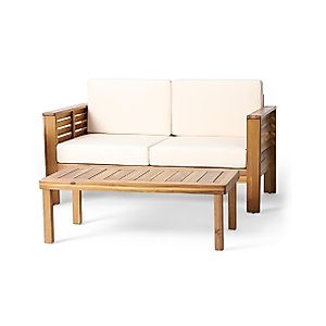 Christopher Knight Home Louver Outdoor Acacia Wood Loveseat and Coffee Table Set with Cushions, 40 "W x 20 "D x 13.75 "H, Teak + Cream