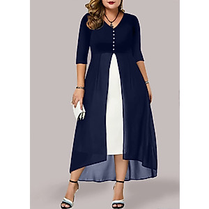 Jumpfolia Women's Plus Size 3/4 Sleeve V Neck Chiffon Contrast Panel Cocktail Semi Formal Midi Dresses Navy Blue