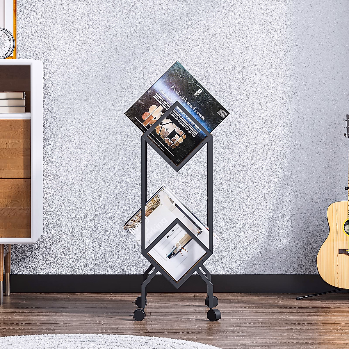 Giikin 2-Tier Vinyl Record Storage Holder, Holds up to 160-200 LPs, Mobile Metal and Wooden Vinyl Record Organizer Stand with Casters, Storage, Protects Vinyl - Organize Albums - Book, Magazine, Files