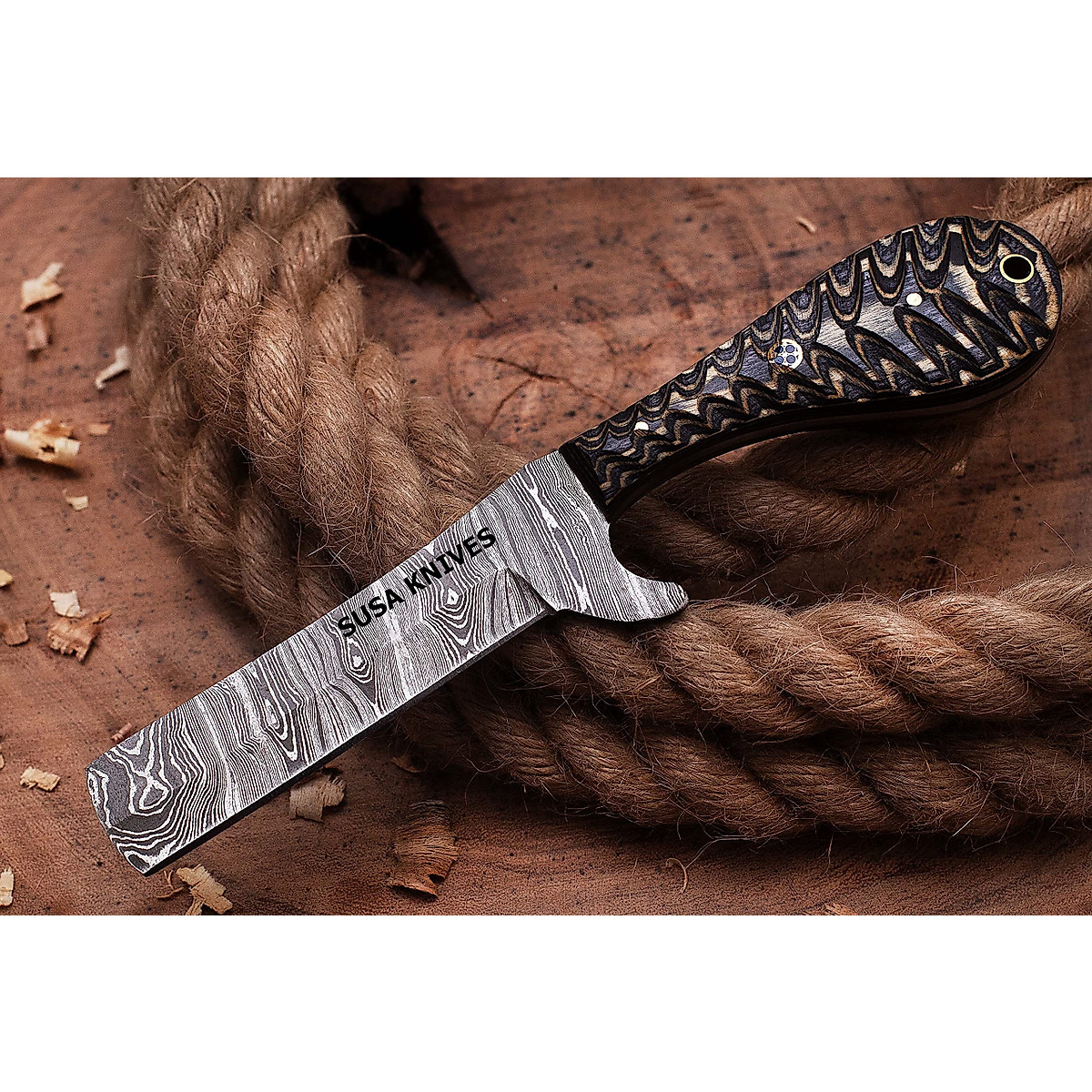 SUSA KNIVES Handmade Damascus Steel Bull Cutter Knife, Cowboy Fixed Blade knife, Wood Handle, EDC Knife PANCAKE Leather Sheath Gift For Men