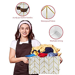 Storage Baskets for Organizing, Toy Box Chest Modern Herringbone Geometric White and Gold Foldable Cube Storage Bin with 2 Leather Handles Set of 1