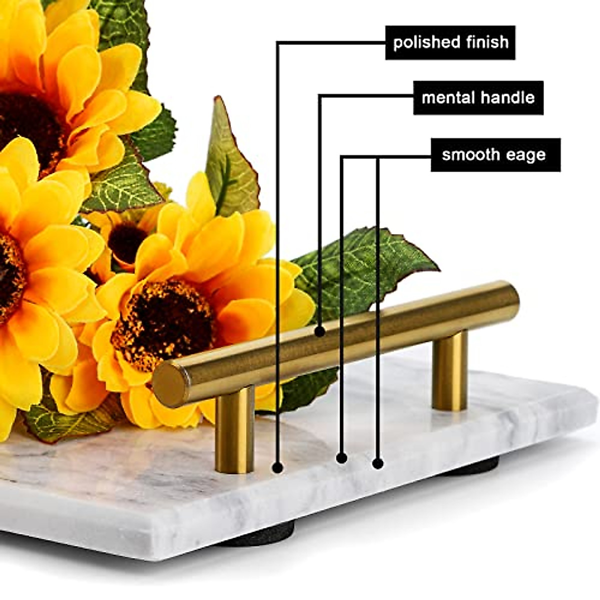 DEAYOU Marble Tray with Gold Handles, White Marble Stone Decorative Tray, 12" Nightstand Serving Tray with Metal Handle, Catchall Key Perfume Tray Pastry Food Board for Vanity, Coffee Table, Desk