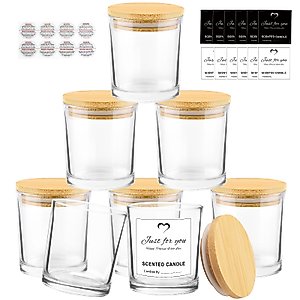 CONNOO 8 Pack 14 OZ Clear Glass Candle Jars with Bamboo Lids for Making Candles, Large Size Empty Candle Tins with Sticky Labels - Leakproof & Dishwasher Safe.