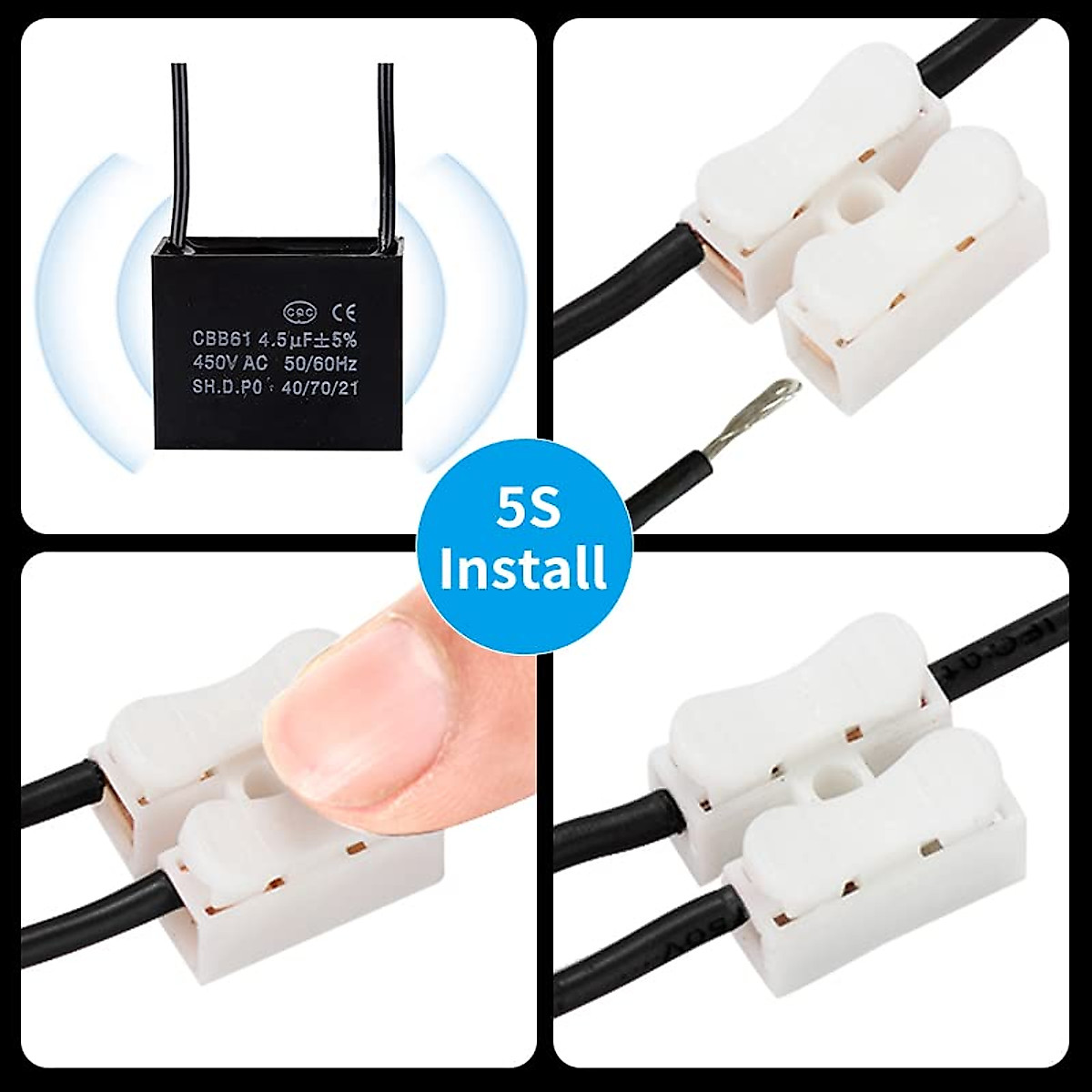 2Pcs 4.5UF 450V AC CBB61 Ceiling Fan Capacitor 50/60Hz Motor Non Polarity 2 Wire