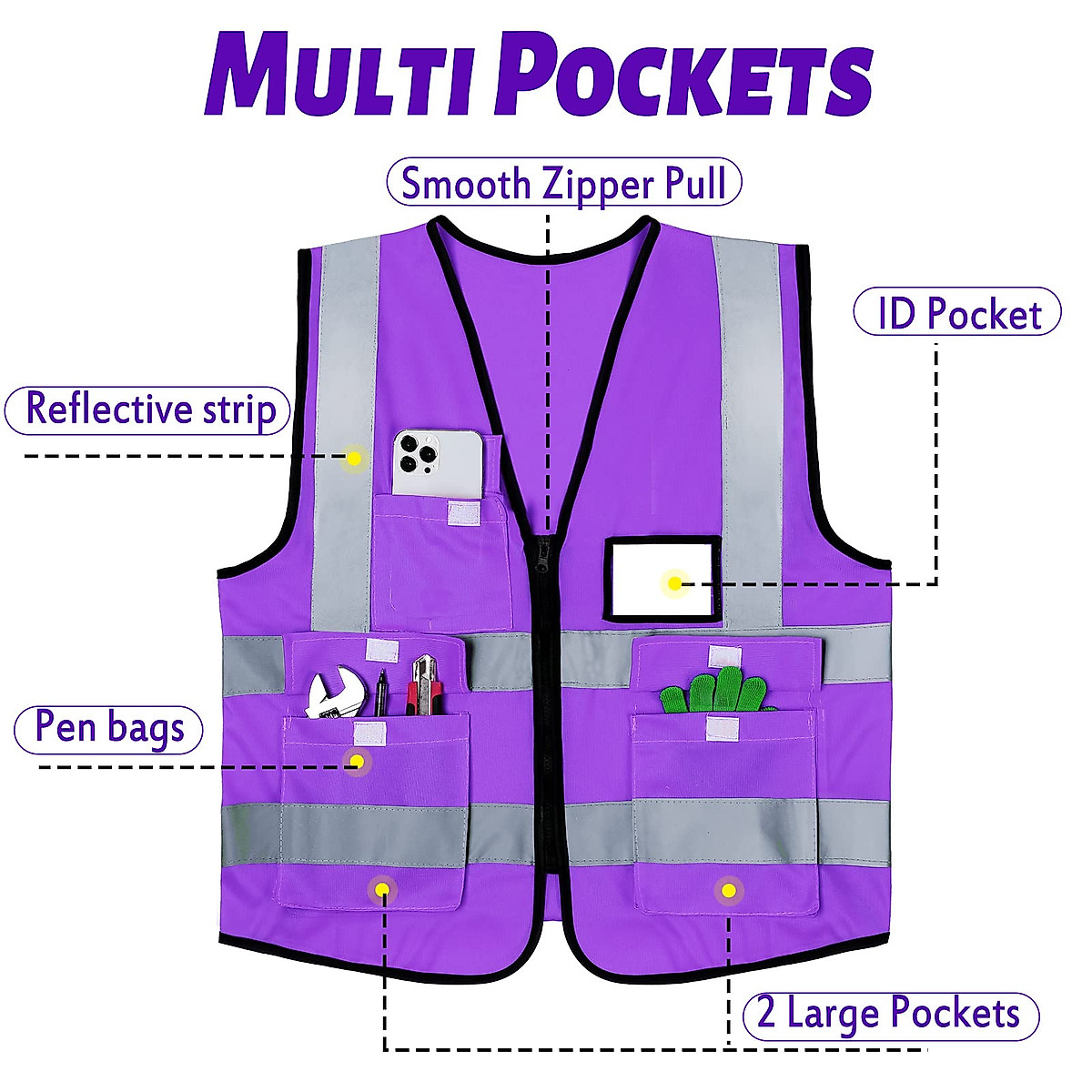 EBOOT 10 Pcs Safety Vests High Visibility Safety Vest with Reflective Strips, Neon Vest Construction Vest with Pockets (Purple)