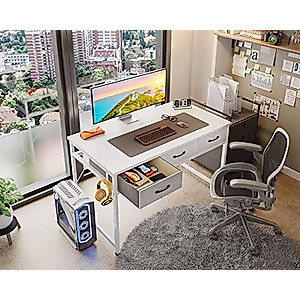ODK 40 Inch Small Computer Desk with 3 Cloth Drawers for Home Office, Vanity Desk with Storage and Hook for Bedroom, Work Desk, Study Writing Table, White