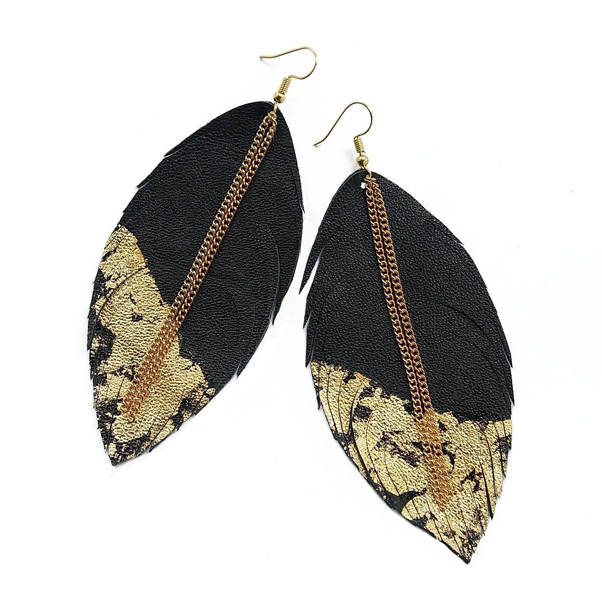 Bohemian Feather Dangle Earrings Leather Long Fashion Earrings for Women Girls-Black Gold