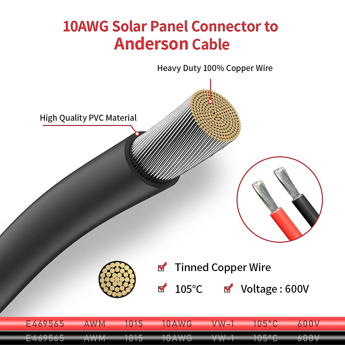 ELFCULB 10AWG 2FT XT60 Solar Cable 2 10 25 35 50 75 100FT XT60 Extension Cable Solar Panel Connector to XT60 Connector for Portable Power Station (2FT)