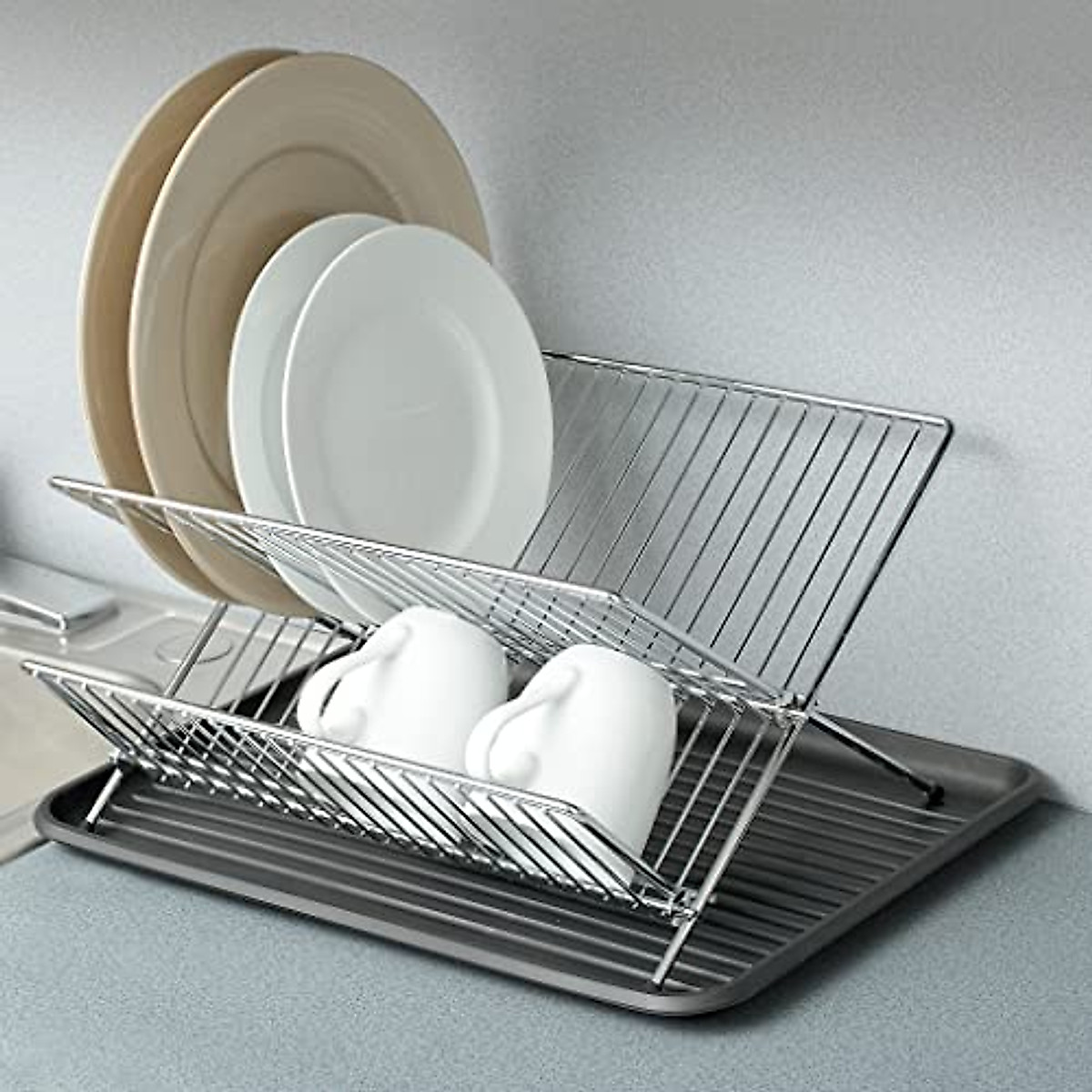 Smart Design Dish Drainer Rack w/ In Sink or Counter Drying - Steel Metal Wire - Cutlery, Plates, Dishes, Cups, Silverware Organization - Kitchen (Folding, Chrome)