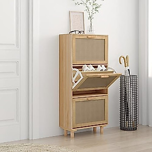 VRAXO Shoe Cabinet Brown 20.5"x9.8"x45.3" Engineered Wood&Natural Rattan,Shoe Racks & Organizers-46.2lbs