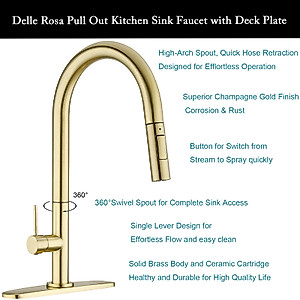 Delle Rosa Kitchen Faucet, Champagne Gold Kitchen Faucet with Pull Down Sprayer, 360 Rotate Gold Kitchen Faucet Pre-Rinse Pull Out Kitchen Faucet with Deck Plate