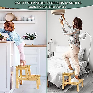 Domax Bamboo Wooden Step Stools for Kids - Toddler Step Stool for Bathroom Sink High Bed Toilet Kitchen Helper Wood Step Stool for Bedside for Adults Non-Slip Waterproof 2 Stepping Stool, Natural