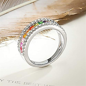 GNOCE Multi-Color Rainbow Band Ring 925 Sterling Silver Princess Cut Women Rings Eternity Wedding Bands Promise Rings for Her (Silver, 7)