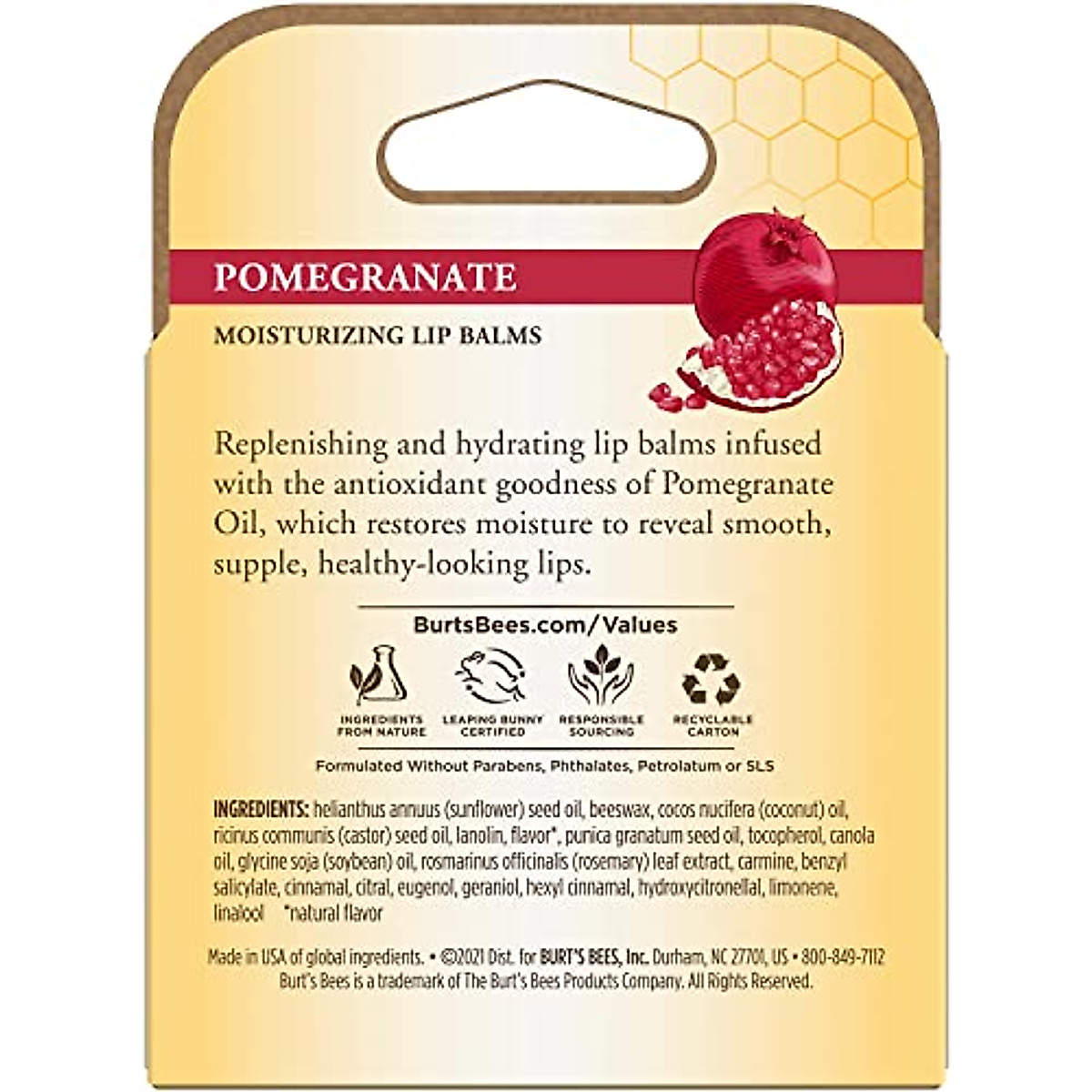 Burt's Bees Lip Balm, Moisturizing Lip Care, for All Day Hydration, 100% Natural, Pomegranate with Beeswax & Fruit Extracts (4 Pack)