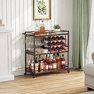Lifewit Bar Cart for The Home, 3 Tier Drink Cart with Lockable Wheels, 12 Wine Rack and 3 Rows Glass Holders, Liquor Serving Cart for Kitchen Dining Livingroom, 31.6" x 13.1" x 33.9", Rustic Brown