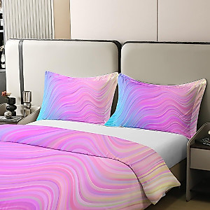 Erosebridal 100% Organic Cotton Rainbow Comforter Cover, Girls Bright Iridescent Striped Inspired Curved Lines Gradient Tie Dye Effect Hippie Comfy Bedding Set, Full Size, Teal Pink