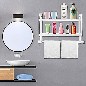 Halcent Wall Shelves Wood Floating Shelves, 2 Tier Storage Shelves Bathroom Shelf Kitchen Spice Rack with 8 Hooks for Bathroom Kitchen Utensils