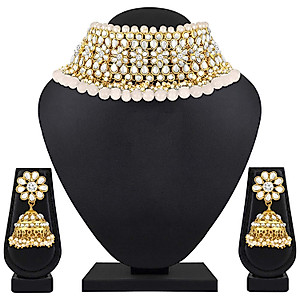 Aheli Elegant Indian Traditional Wedding Wear Kundan Pearl Encrusted Choker Necklace Set with Jhumki Earrings Ethnic Bollywood Party for Women (White)