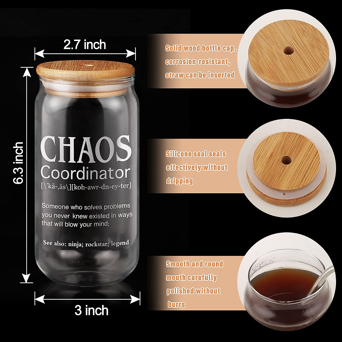 Vakuny Chaos Coordinator Glass Cup - Coworker Gifts for Women - Boss Lady Gifts for Her - Funny Birthday Gifts for Boss, Friends, Teacher, Mom - 16Oz Thank You Gifts Office Beer Can Glass
