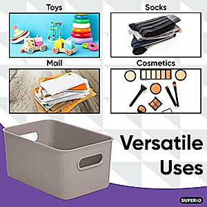 Superio Decorative Plastic Open Home Storage Bins Organizer Baskets, Medium Taupe (4 Pack) Container Boxes for Organizing Closet Shelves Drawer Shelf - Ribbed Collection 5 Liter