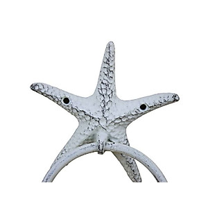 Rustic Whitewashed Cast Iron Starfish Towel Holder 8.5 Inch - Starfish Decoration - Sea Home Decor