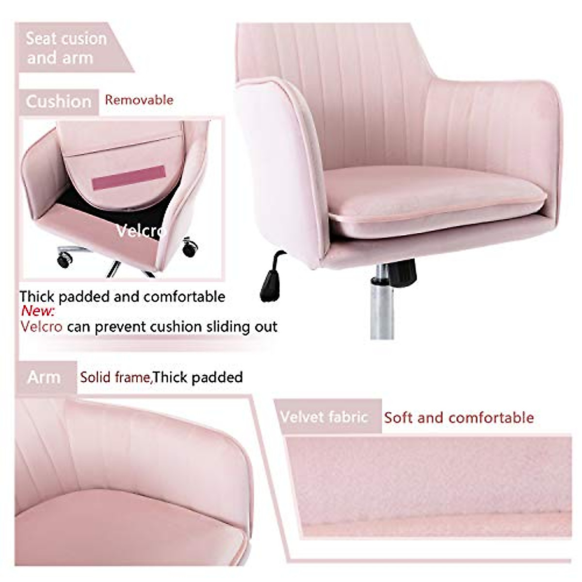 Altrobene Velvet Desk Chair, Ergonomic Computer Task Chair, Accent Reception Chair, 360 Degree Swivel, Height Adjustable, for Home Office/Study/Girls' Bedroom, Pink