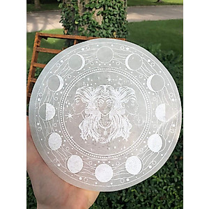 CrystalsAhoy Ethically Mined 6" Etched Selenite Charging Plate, Etched with Hecate, Goddess Charging Station, Etched in Appleton, WI USA