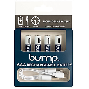 bump AAA USB Rechargeable Batteries, (4-Pack), Lithium Ion, High Output, Fast USB-C, 1.5V with LED Indicator Charging, Long Lasting, for Remotes, Toys, Keyboards, Includes 4-1 Charger Cable