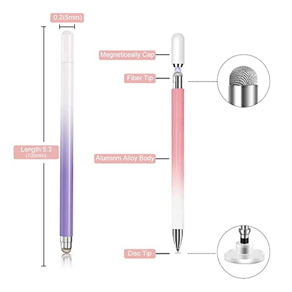 Stylus Pen (2 PCS), JAMBHALA Universal 2 in 1 Magnetic Disc Stylist Pens with Extra Replacement Tips for iPad, iPhone, Tablets, Samsung, Kindle and All Touch Screens Devices (Black/White)