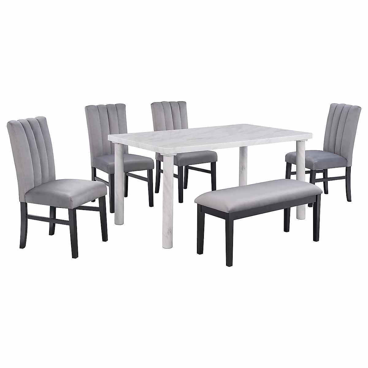 Harper & Bright Designs Dining Table Set for 6 with Marble Veneer Table and 4 Flannelette Upholstered Dining Chairs & Bench, 6 Piece Dining Room Table Set for Kitchen Living Room, White+Gray