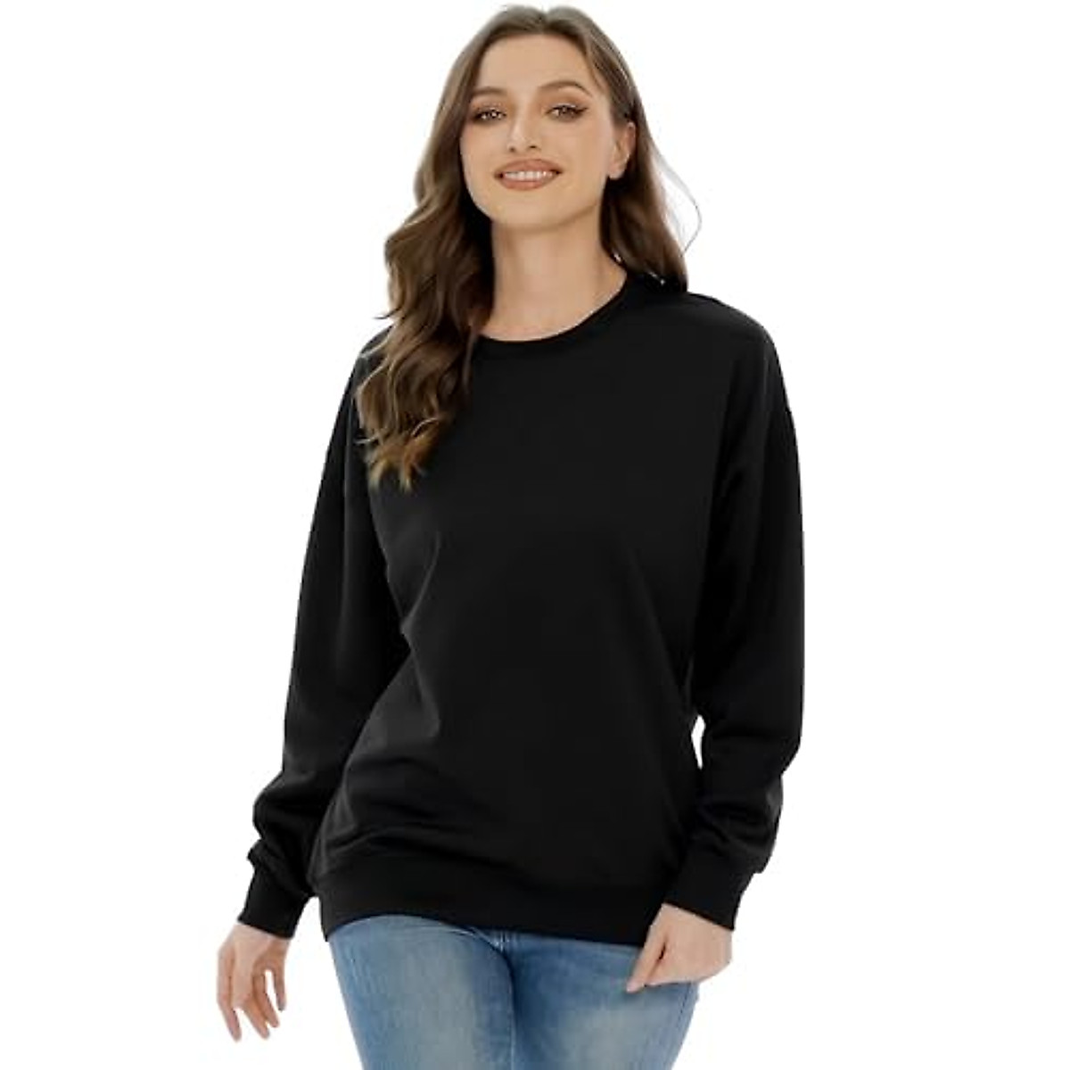 CAMNOW Crewneck Sweatshirt Women Crew Neck Sweatshirts Womens Fashion Oversized Loose Fit No Hood Trendy Sudaderas Para Mujer Black