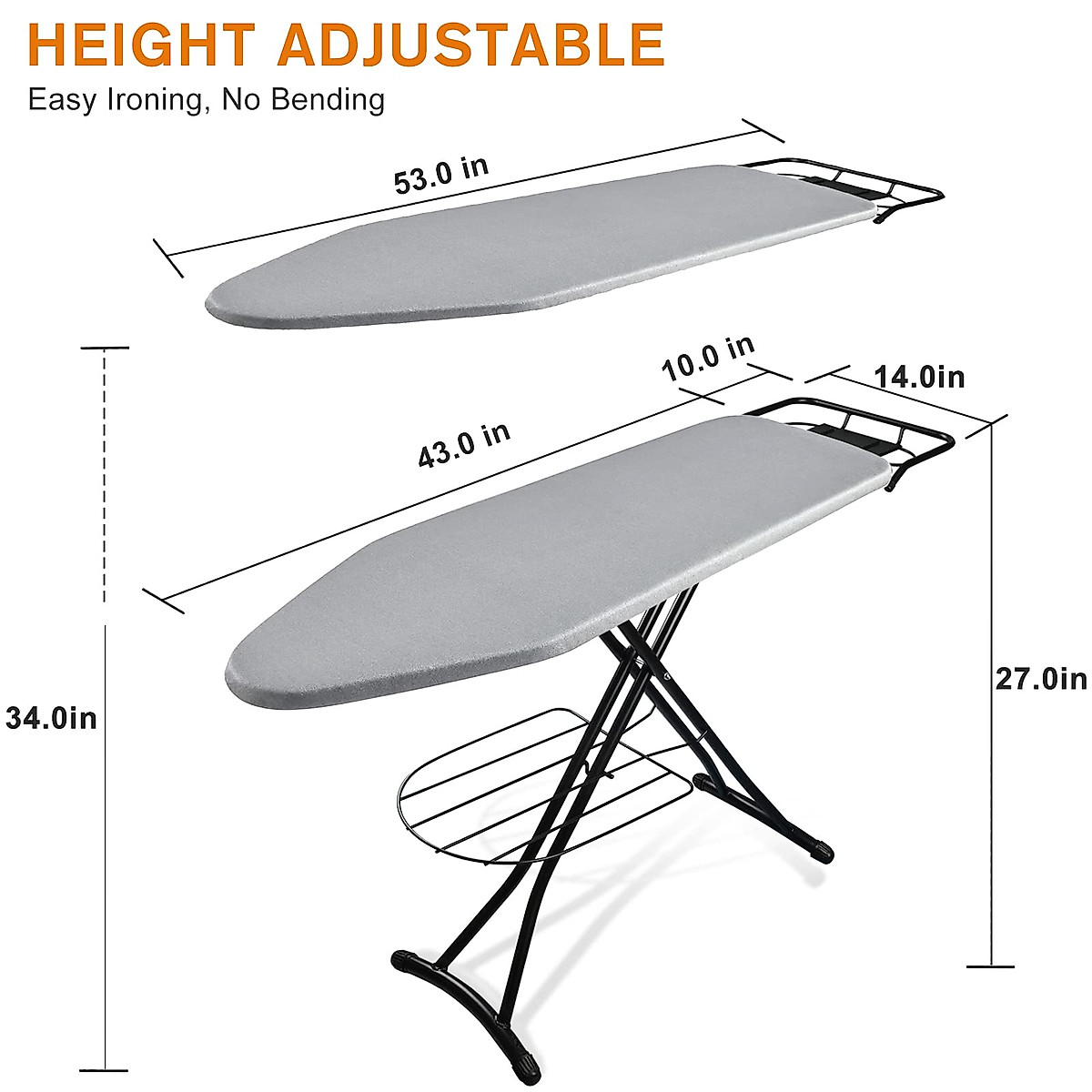 PickyanDco Foldable Ironing Board with Heat Resistant Cover, Steam Iron Rest and Non-Slip Legs - Sturdy Metal Frame Full Metal Construction Iron Board(14 * 34 * 53inches)