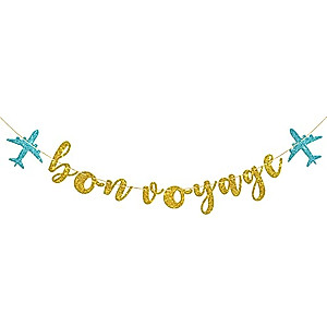 Halodete Bon Voyage Banner, Retirement Banner, Farewell, Going Away, Adventure Awaits Celebration Party Garland Bunting Decorations - Gold Glitter