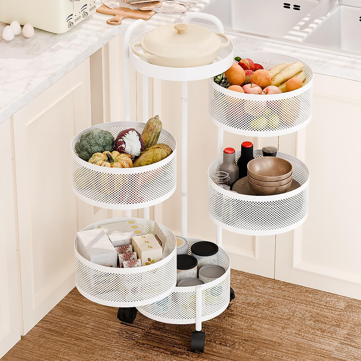 HEVIRGO Rotating Storage Shelves Rack,5 Tier Fruit & Vegetable Basket Stand,Kitchen Vegetable Storage Organizer,Fruit Basket Floor Stand Shelf Fruit Tower for Kitchen Bathroom Laundry Black