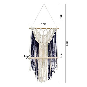 PlanterSam Macrame Wall Hanging with Removable Shelf - 100% Cotton Hanger for Indoor Plants - Aesthetic Room Decor and Hardware Included (Navy Blue)
