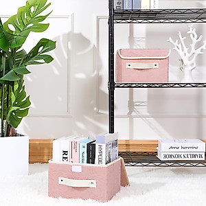 ANMINY Fabric Storage Bin with Lid Rose Print Storage Box Basket with PU Leather Handles Washable PP Plastic Board Decorative Foldable Lidded Shelf Cubes Closet Organizer Container - Pink, Small Size