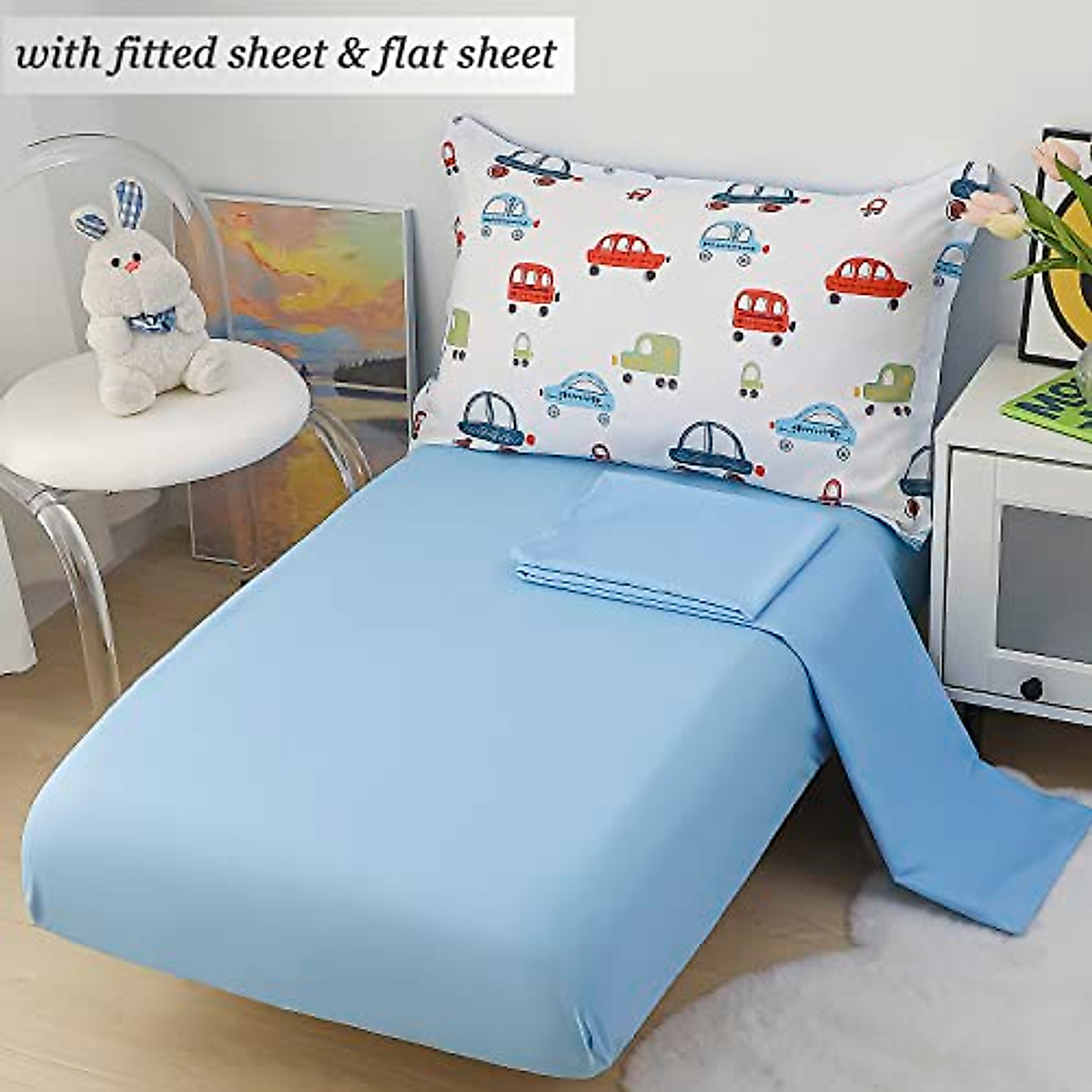 KINBEDY 4 Pieces White Toddler Bedding Sets for Boys Cars Blue Bed Sheets Set Cartoon Comforter Set for Baby Kids | Include Comforter, Flat Sheet, Fitted Sheet, Pillowcase